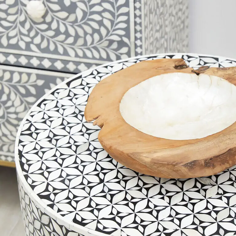 Boho White Bone Inlay And Black Wood Side Table With Gold Metal Base ...