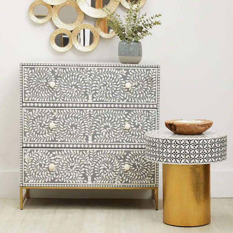 Boho White Bone Inlay And Black Wood Side Table With Gold Metal Base ...