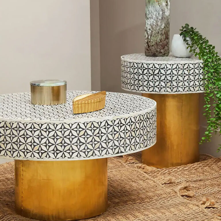 Boho White Bone Inlay And Black Wood Side Table With Gold Metal Base ...