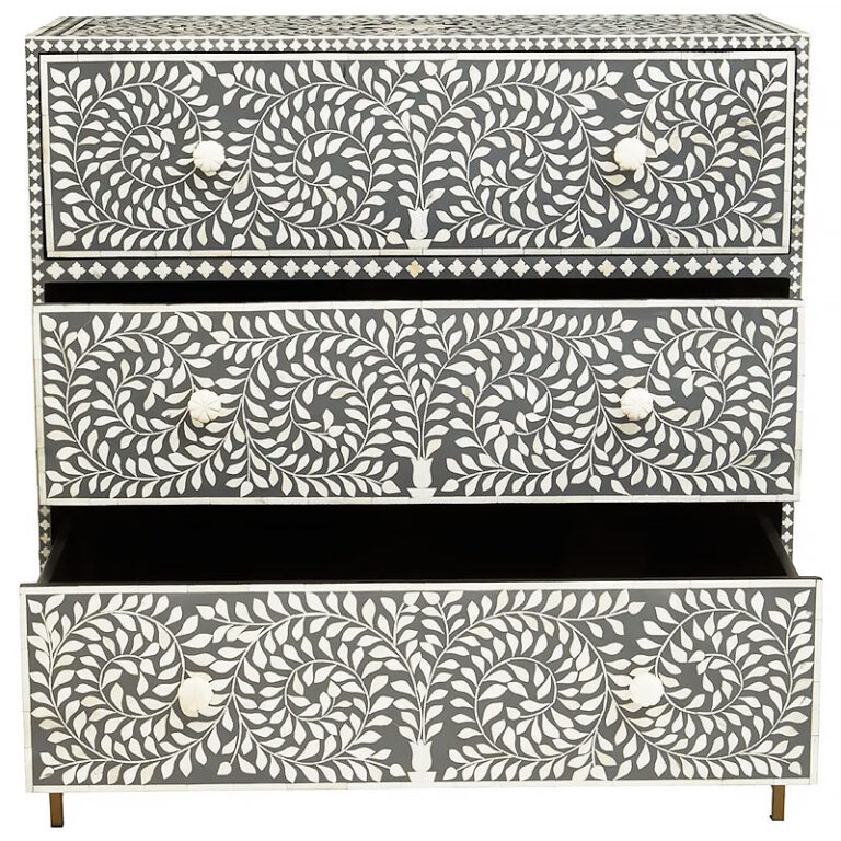 Boho White Bone Inlay And Grey Wood Chest Of Drawers With Gold Legs ...