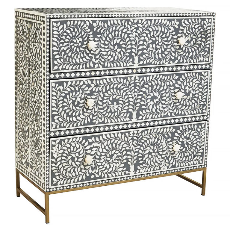 Boho White Bone Inlay And Grey Wood Chest Of Drawers With Gold Legs ...