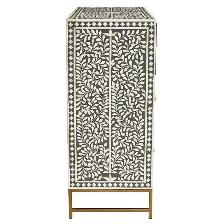 Boho White Bone Inlay And Grey Wood Chest Of Drawers With Gold Legs ...