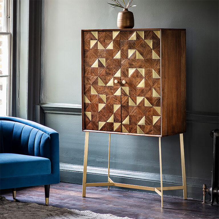 Capri Acacia Wood And Gold Brass Metal Art Deco Boho Bar Drinks Cabinet ...