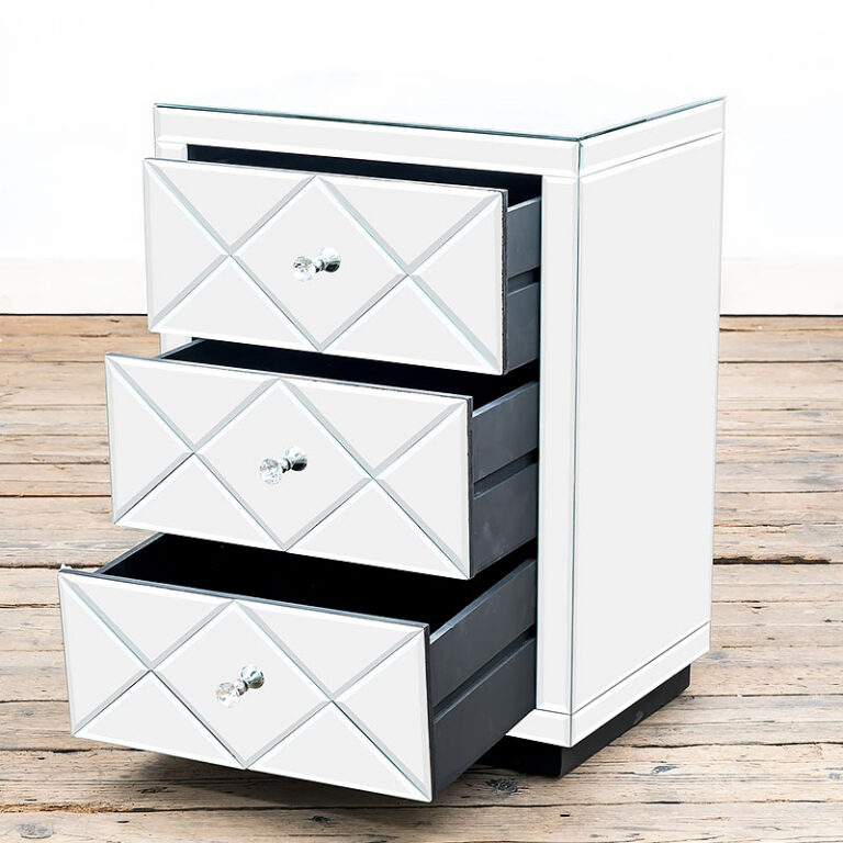 Dawn Mirrored Glass Diamond 3 Drawer Bedside Cabinet Bedside Table ...