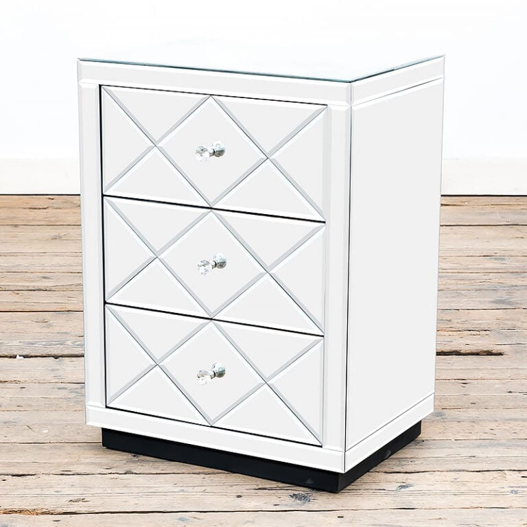 Dawn Mirrored Glass Diamond 3 Drawer Bedside Cabinet Bedside Table ...