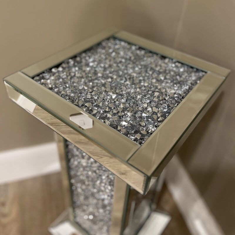 Diamond Crush Mirrored Glass Column Pedestal Side Table End Table ...