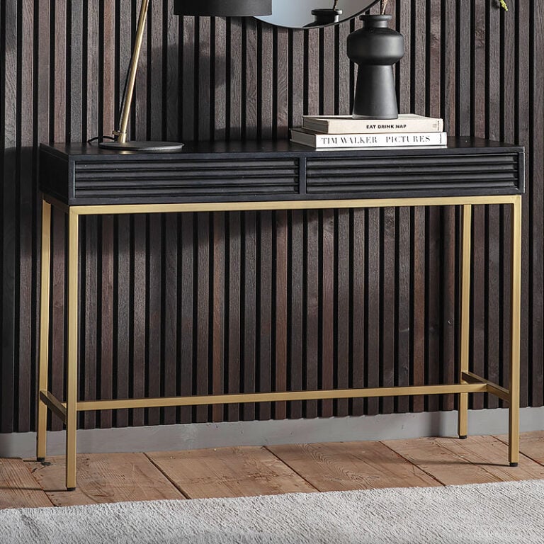 Leah 2 Drawer Black Mango Wood And Gold Metal Slim Console Table ...