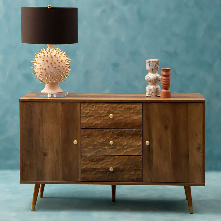 Mid Century Boho 3 Drawer 2 Door Brown Wood Sideboard With Gold Handles ...