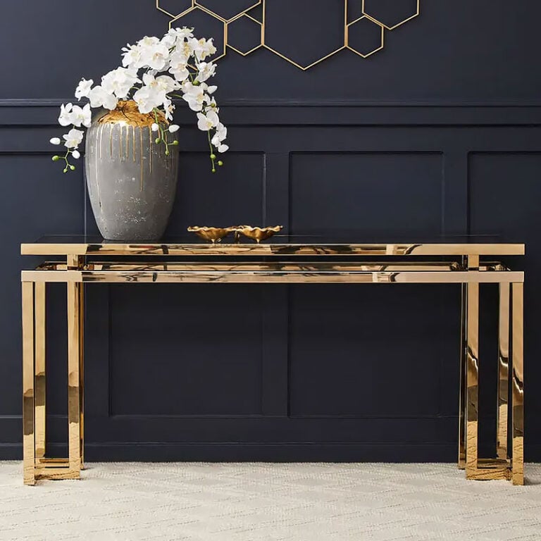Premium Large Art Dèco Grey Glass and Gold Metal Console Table ...