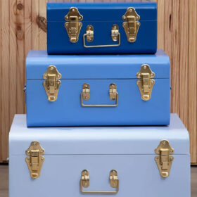 Retro Boho Set Of 3 Storage Trunks In Blue Grey And Gold Metal ...