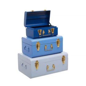 Retro Boho Set Of 3 Storage Trunks In Blue Grey And Gold Metal ...