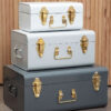 Retro Boho Set Of 3 Storage Trunks In White Grey And Gold Metal ...