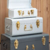 Retro Boho Set Of 3 Storage Trunks In White Grey And Gold Metal ...