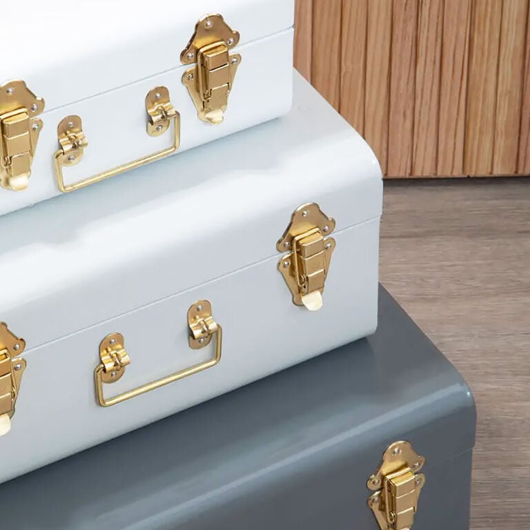 Retro Boho Set Of 3 Storage Trunks In White Grey And Gold Metal ...