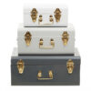 Retro Boho Set Of 3 Storage Trunks In White Grey And Gold Metal ...