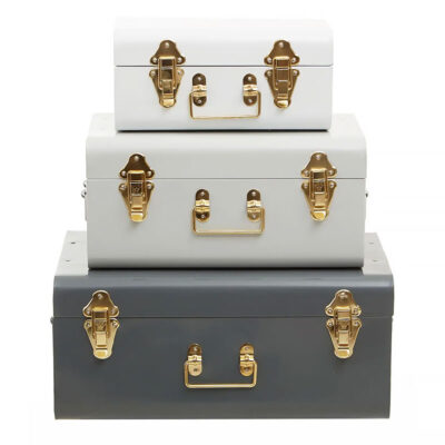 Retro Boho Set Of 3 Storage Trunks In White Grey And Gold Metal ...