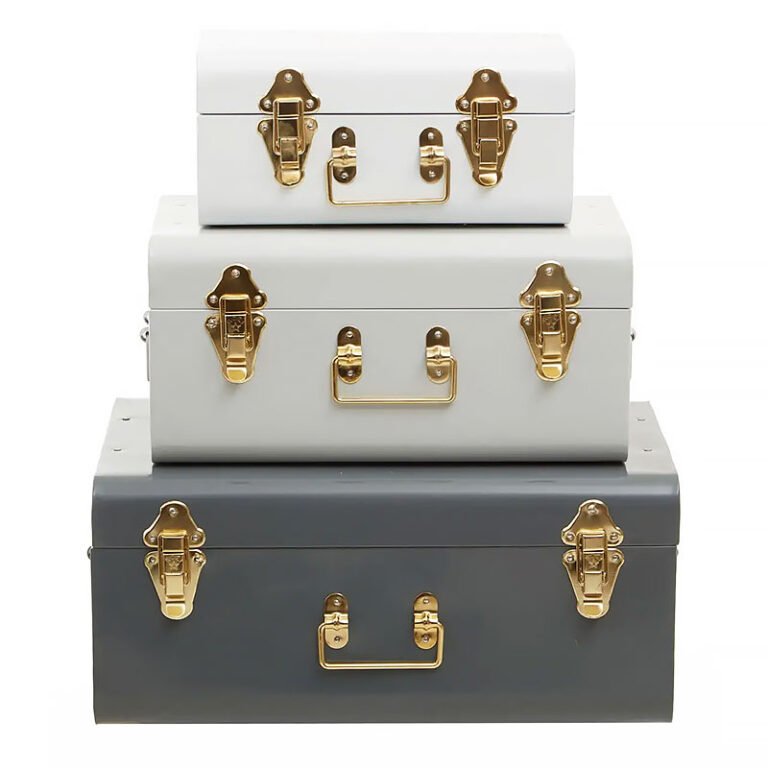 Retro Boho Set Of 3 Storage Trunks In White Grey And Gold Metal ...