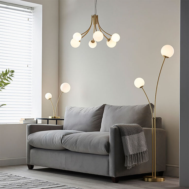 White Glass and Gold Brushed Brass 2 Light Floor Lamps | Picture ...