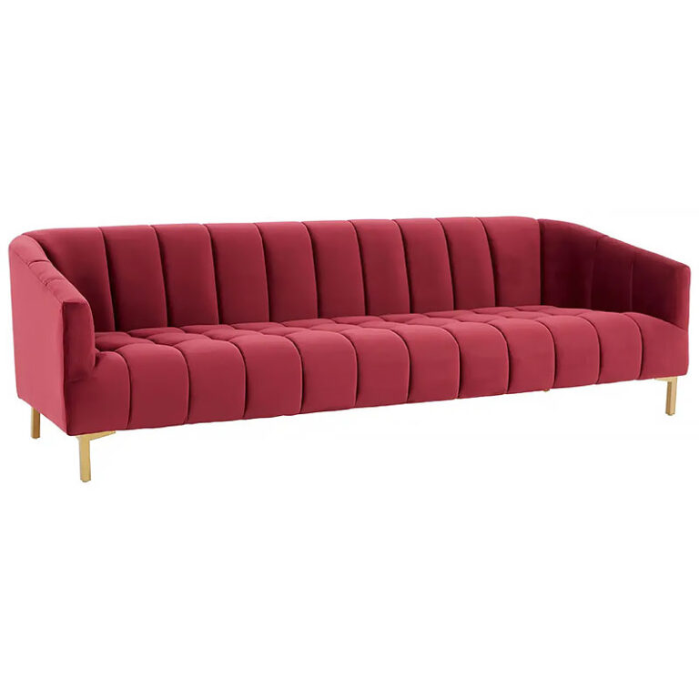 Art Deco Boho Red Velvet 3 Seater Tufted Sofa With Gold Metal Legs ...