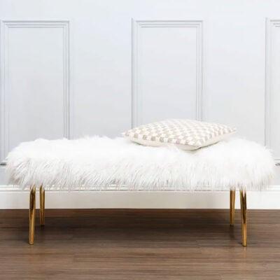 Art Deco Boho White Faux Fur Sheepskin And Gold Metal Bedroom Bench ...