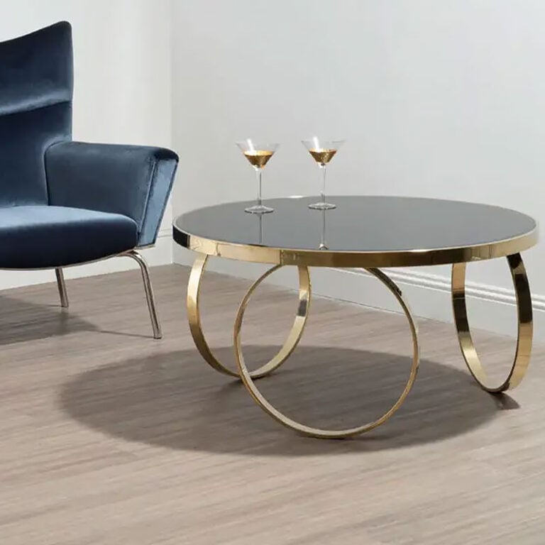 Art Deco Gold Metal Rings And Black Mirrored Glass Large Coffee Table ...