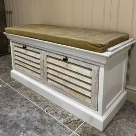 Country Rustic White Solid Wood Low Storage Cupboard Bench With Cushion ...
