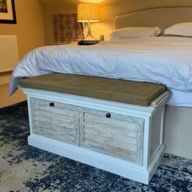 Country Rustic White Solid Wood Low Storage Cupboard Bench With Cushion ...