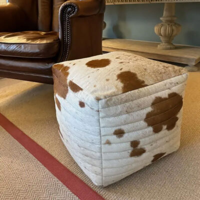 Industrial Genuine Brown And White Cowhide Cube Stool Pouffe Footstool ...