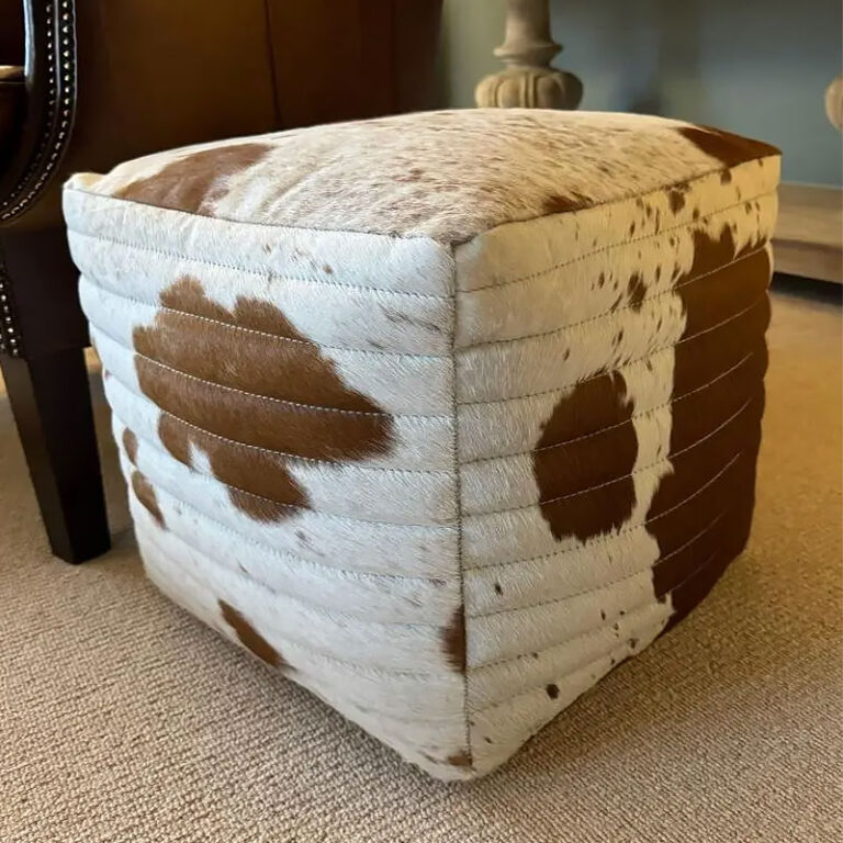 Industrial Genuine Brown And White Cowhide Cube Stool Pouffe Footstool ...