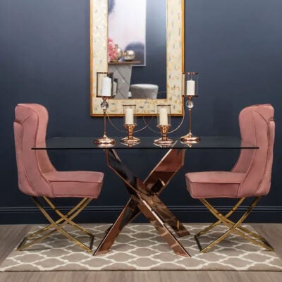 Mikado Rectangular Art Deco Rose Gold Metal And Clear Glass Dining ...