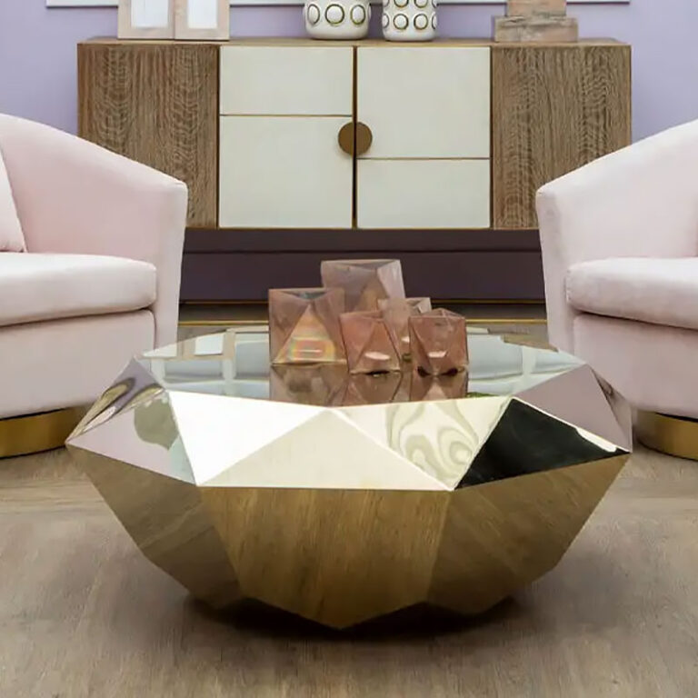 Mila Art Deco Gold Metal Diamond Cut Large Coffee Table 100cm | Picture ...