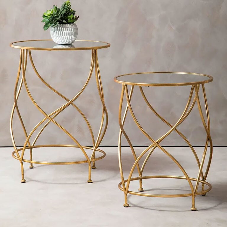Set Of 2 Nesting Art Deco Mirrored Glass And Antique Gold Side Tables | Picture Perfect Home