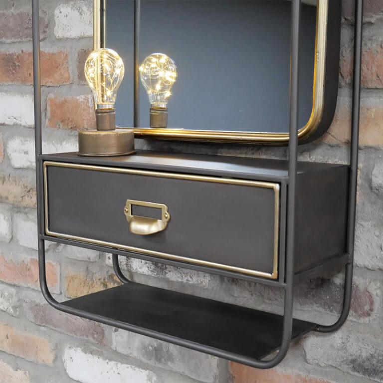 Dark Grey And Gold Metal Industrial Wall Shelving Unit With Mirror ...