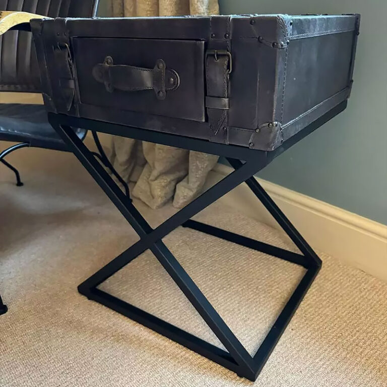 Industrial Genuine Brown Leather And Black Metal Trunk Side Table ...