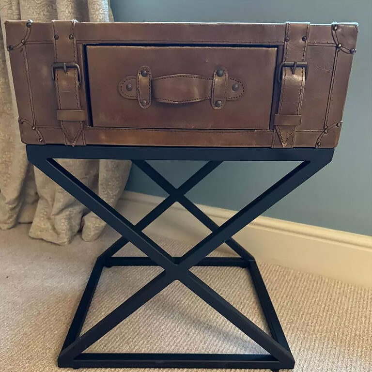 Industrial Genuine Brown Leather And Black Metal Trunk Side Table ...