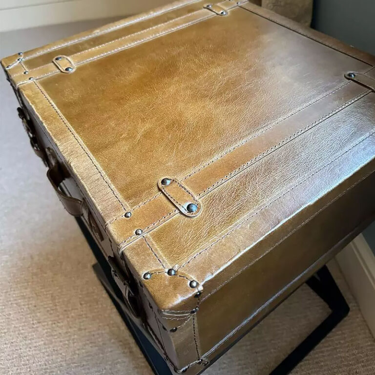 Industrial Genuine Brown Leather And Black Metal Trunk Side Table ...