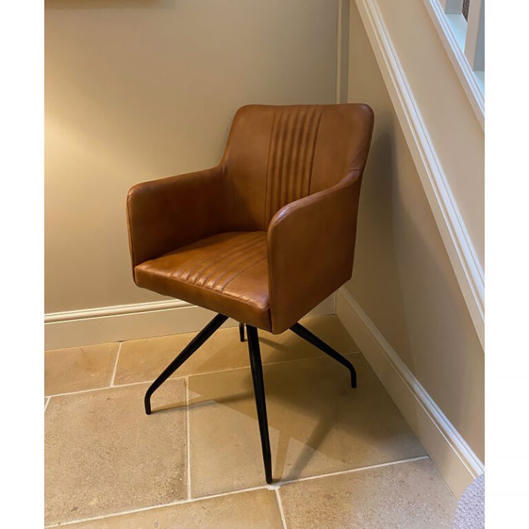 Industrial Tan Brown Genuine Leather And Black Metal Armchair Dining ...