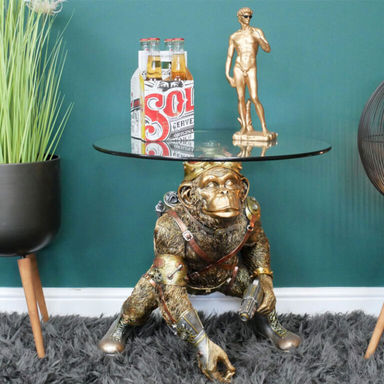 Quirky Steampunk Industrial Gold Resin Monkey Ape Animal Side Table | Picture Perfect Home