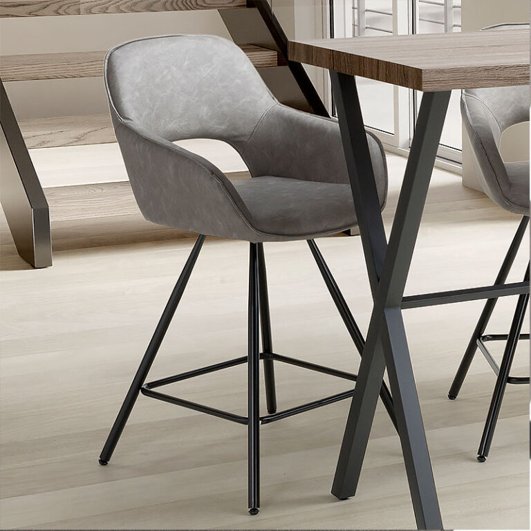 Set Of 2 Sloan Charcoal Grey Faux Leather Tub Bar Stools With Black ...