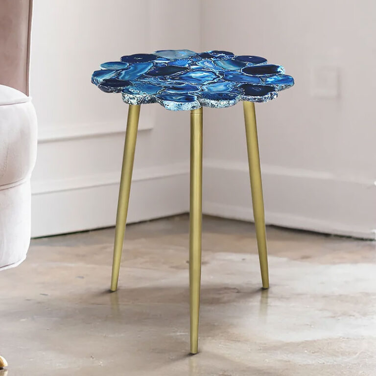 Art Deco Round Blue Agate Stone And Gold Metal Side Table End Table ...