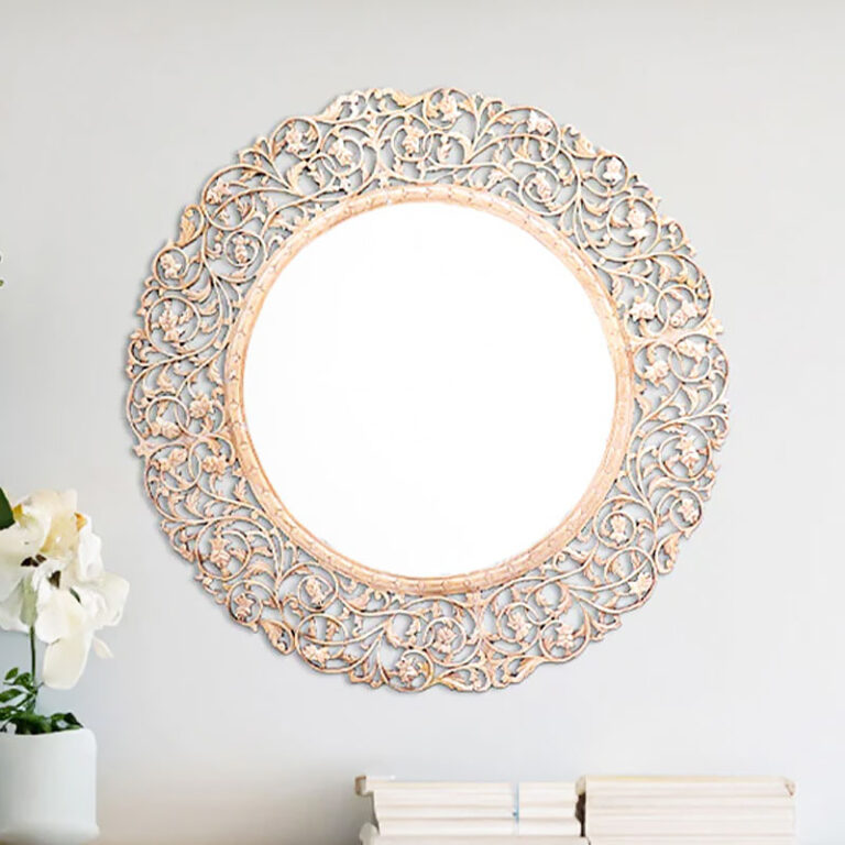 Boho Rustic Light Solid Mango Wood Floral Carved Round Large Wall ...