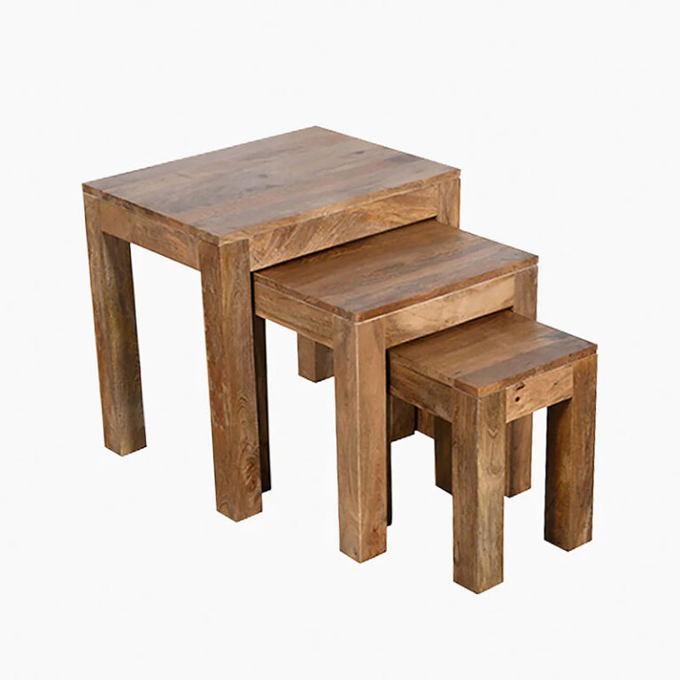 Boho Rustic Set Of 3 Solid Mango Wood Nesting Side Tables Stools ...