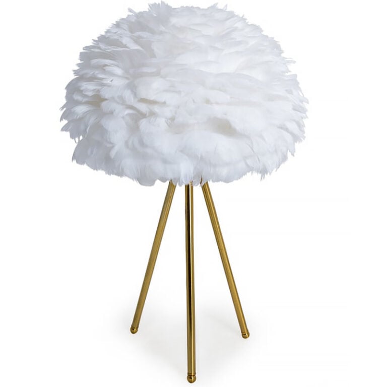 Gold Brass Metal Tripod Table Lamp With White Feathers Shade 60cm ...