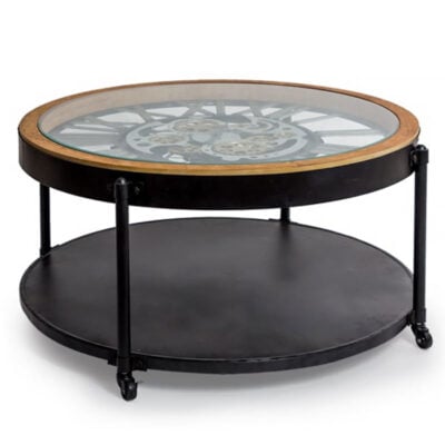 Industrial Wood And Black Metal Moving Gears Clock 2 Tier Coffee Table ...