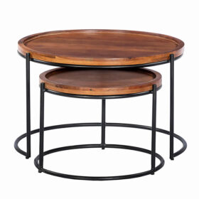 Set Of 2 Nesting Rustic Industrial Solid Acacia Wood Coffee Tables Side ...
