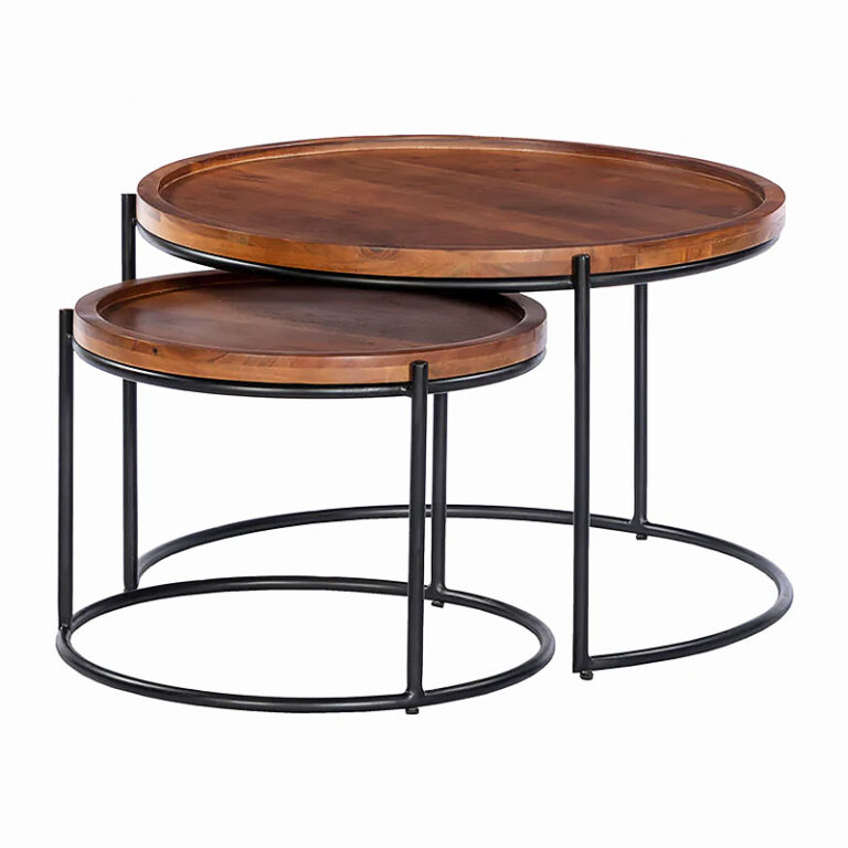 Set Of 2 Nesting Rustic Industrial Solid Acacia Wood Coffee Tables Side ...