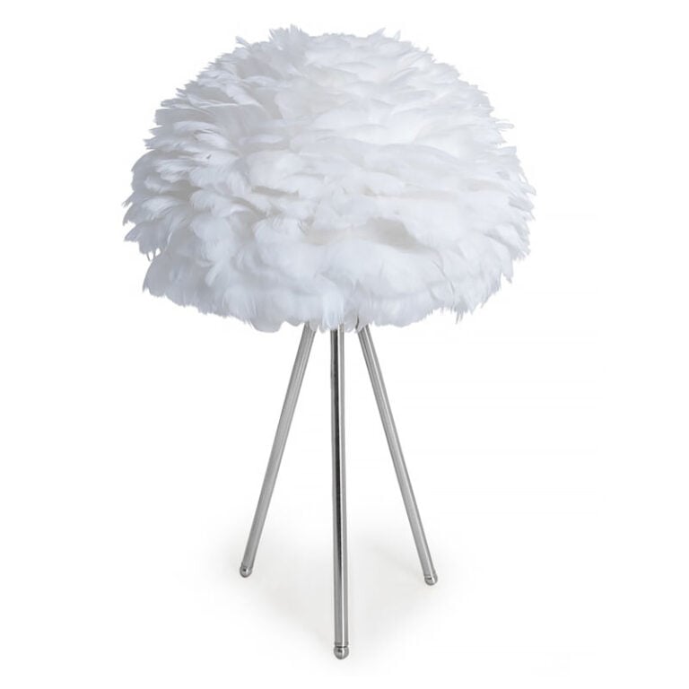 Gold Brass Metal Tripod Table Lamp With White Feathers Shade 60cm ...