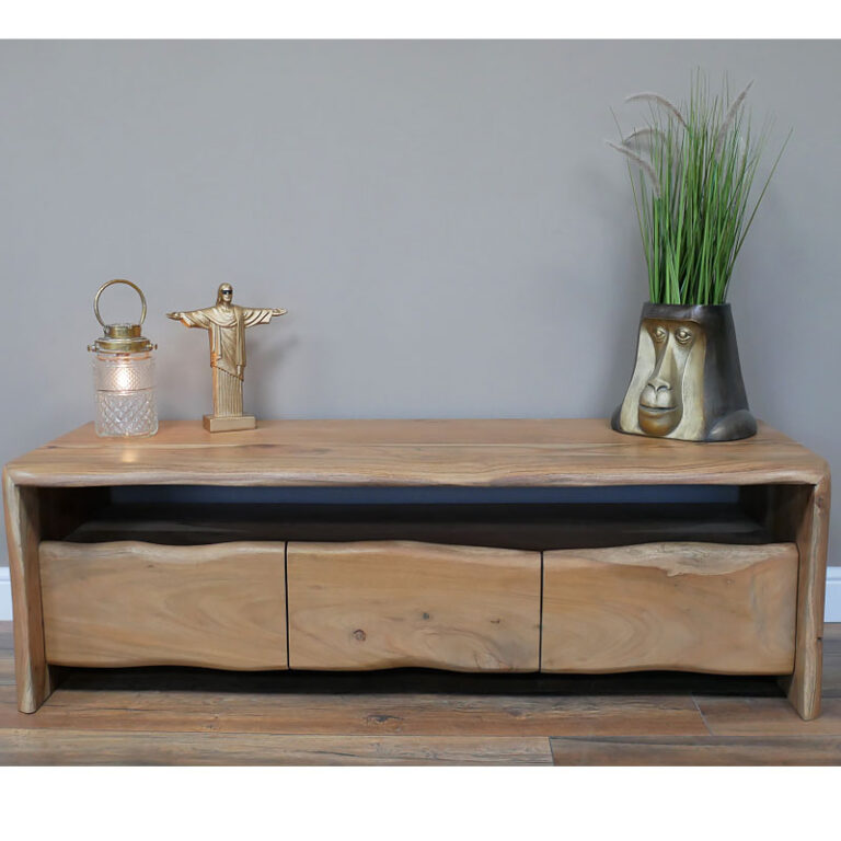 Boho Rustic Solid Acacia Wood Live Edge 3 Drawer TV Stand 146cm ...