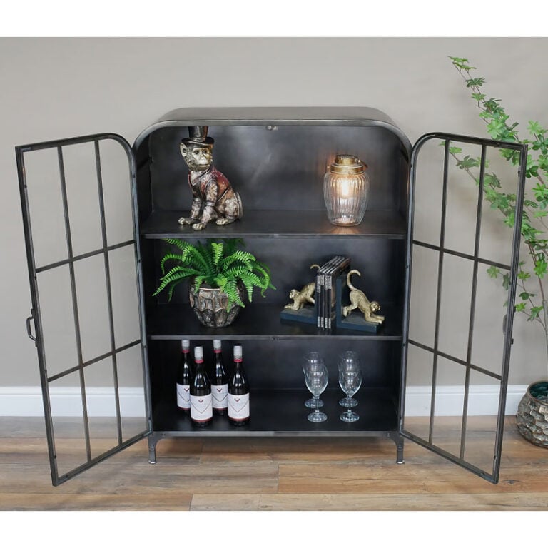 Industrial Black Metal And Glass 2 Door Shelving Display Unit 122cm ...
