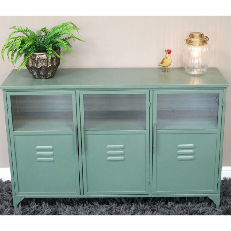 Industrial Green Metal And Glass Locker Style Sideboard Cabinet 120cm ...